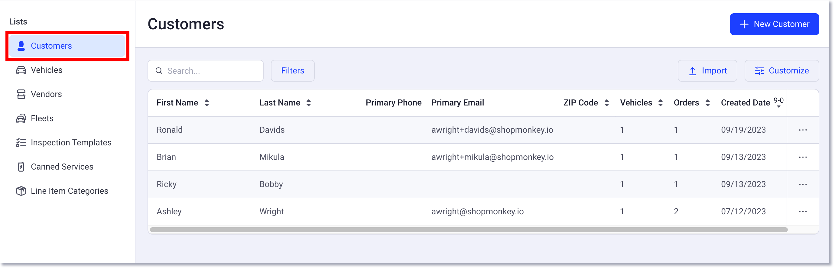Lists Page – Shopmonkey